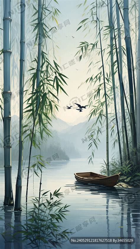 Ai创作图竹子 柳叶 燕子 山峦 木舟 背景蓝色清新 极简风格 再极简一些 不要太多竹子 柳叶多一些 昵图网
