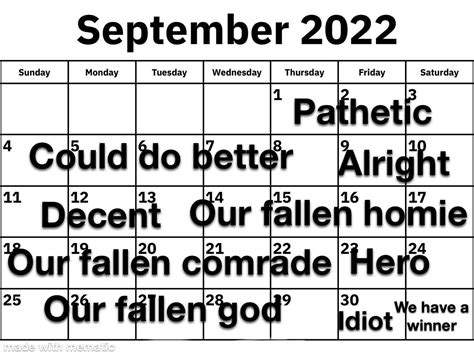 No Simp September Rank Calendar Rnosimpseptember