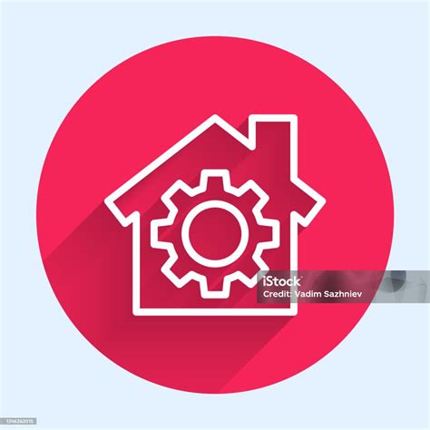 긴 그림자로 격리 된 기어 아이콘이있는 흰색 라인 집 이나 집 조정 서비스 설정 유지 보수 수리 고정 빨간색 원 버튼입니다 벡터 일러스트레이션 개념에 대한 스톡 벡터 아트