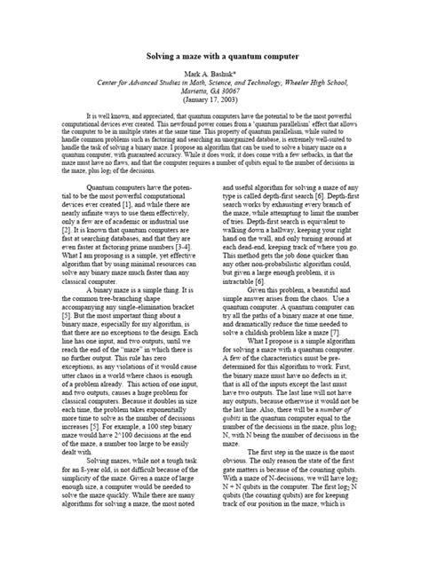 Bashuk 2003 Solving A Maze With A Quantum Computer Pdf Quantum Computing Theoretical