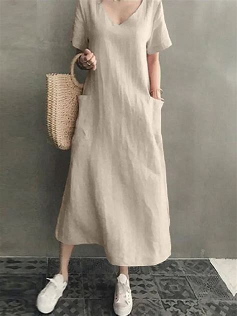 Vintage Short Sleeve V Neck Pockets Dresses Pink L Long Summer
