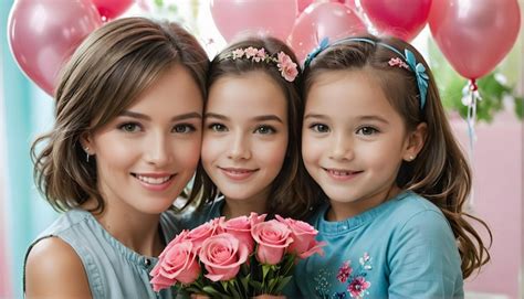 Three Girls And One Girl Are Posing With A Bouquet Of Flowers Premium