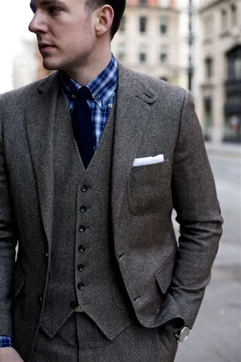 Costume 3 Pièces En Tweed Pour Homme Coupe Slim Élégant Gris