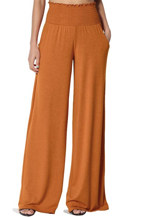 Themogan Themogan Womens S~3x High Rise Smocked Elastic Waist Pull On Wide Leg Lounge Pants