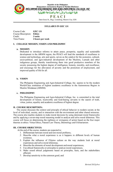 Syllabus IN GEC 131 Ethics MSU Main Studocu