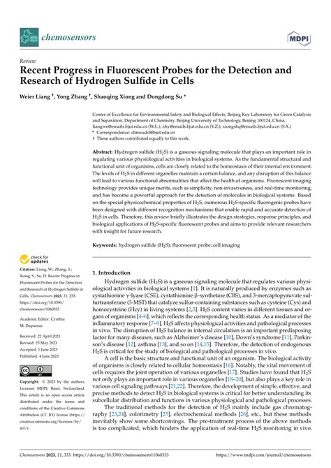 Pdf Recent Progress In Fluorescent Probes For The Detection And Research Of Hydrogen Sulfide