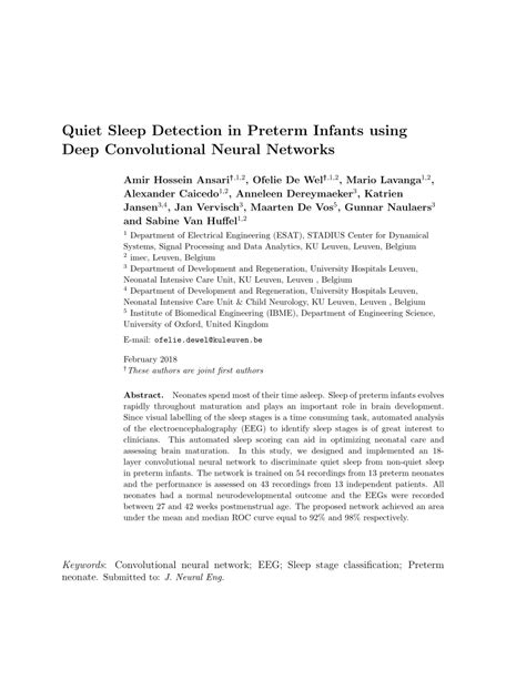 Pdf Quiet Sleep Detection In Preterm Infants Using Deep Convolutional Neural Networks