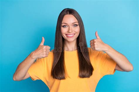 Photo Of Positive Cheerful Lady Dressed Yellow Outfit Raise Two Arm