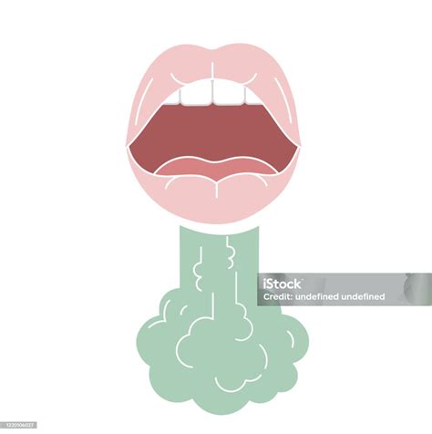 호흡 디자인 개념 스팀으로 입을 벌립니다 플랫 스타일의 구취 아이콘 공동 구강 벡터 만화 스타일입니다 색상 컨셉 아트 악취 증기