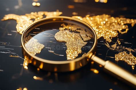 A Golden Magnifying Glass Is Focused On A World Map Highlighting Specific Regions And