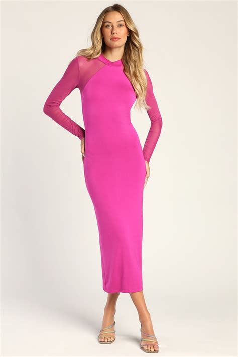 Magenta Mesh Dress Long Sleeve Dress Magenta Sheer Midi Dress Lulus