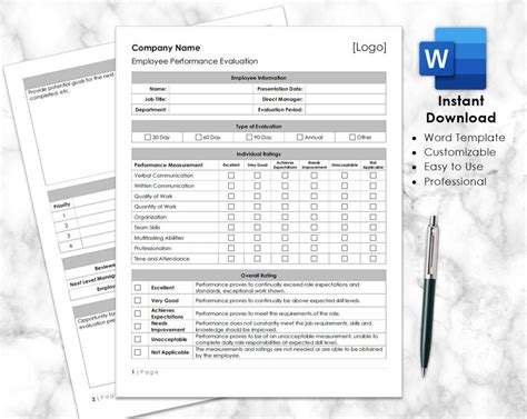 MS Word Employee Performance Evaluation Template Etsy