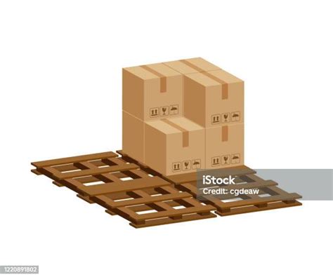 나무 팔레트에 3d 더미 상자 상자 공장 창고 창고 창고 에 골판지 상자와 나무 팔레트 창고 공장의 골판지 소포 상자 스택 포장