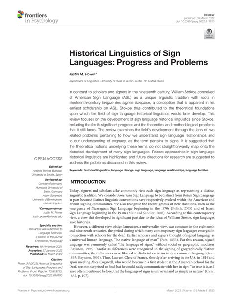Pdf Historical Linguistics Of Sign Languages Progress And Problems