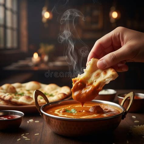 Hand Gently Tearing A Piece Of Soft Naan Bread And Dipping It Into A