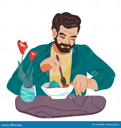 Man Character Eating Healthy Vegetables Salad Flat Vector Illustration