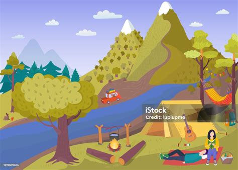 여름 숲 벡터 일러스트 만화 사람들이 캠프 파이어 근처 텐트와 관광 캠프에서 시간을 보내고 음식을 요리 하는 캠핑 피크닉 가공의