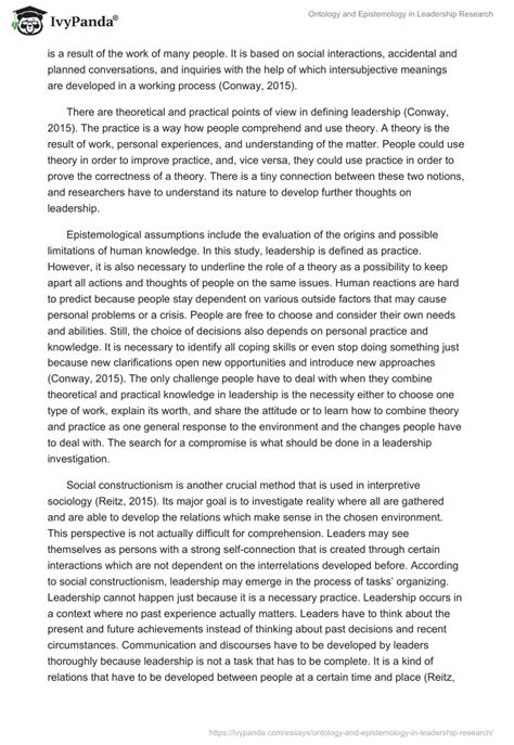 Ontology And Epistemology In Leadership Research 1406 Words Essay