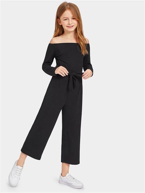 SHEIN Girls Off Shoulder Self Belted Rib Knit Jumpsuit
