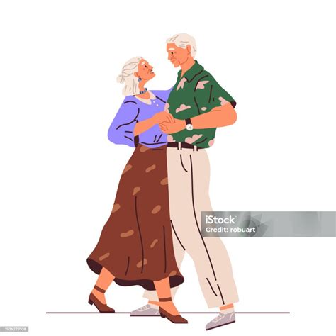 늙은 부부가 춤을 춘다 벡터 그림입니다 할아버지는 춤을 지원해요 할머니 파티에서 춤을 추는 노부부 댄스 플로어에 대한 스톡 벡터