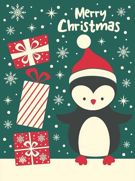 Cartão de Natal e feliz ano novo um pinguim fofo e presentes Inscrição de slogan de feliz