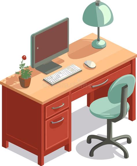 Office Desk With Computer And Lamp Modern Business Workplace Home Workspace Table Vector