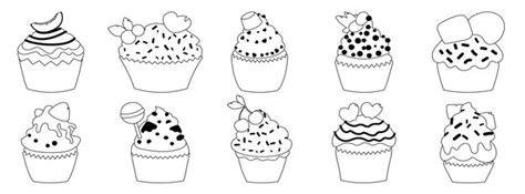 어린이 의 창의적 인 활동 을 위해 완벽 한 다른 을 가진 다양한 컵 케이크 를 특징 으로 하는 검은색 과 색 페이지 프리미엄 벡터