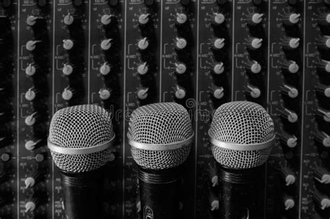 Black And White Image Of An Old Dynamic Microphone On An Analog Audio Mixer Stock Image Image