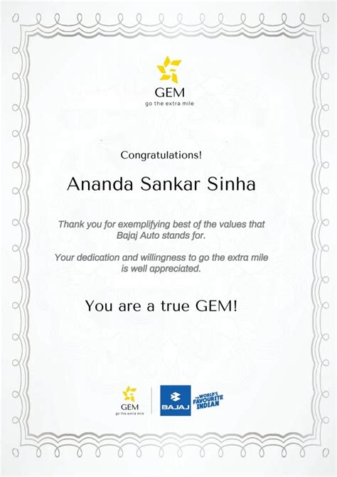 Dear Connections Thrilled To Announce That I Have Received The Gem Award From Bajaj Auto Ltd