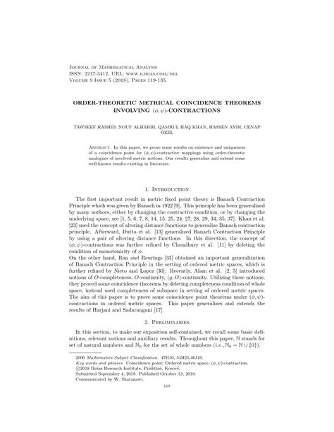 Pdf Order Theoretic Metrical Coincidence Theorems Involving φ ψ