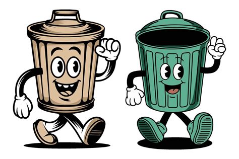 Cheerful Cartoon Characters Of A Trash Can And A Garbage Bin Walking