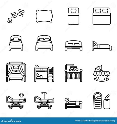 Bed Icons Set Bedroom Furniture Mattress And Relax Service Line