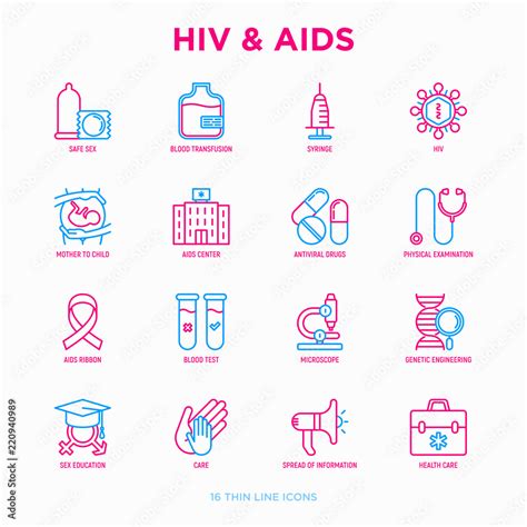 Hiv And Aids Thin Line Icons Set Safe Sex Blood Transfusion Syringe