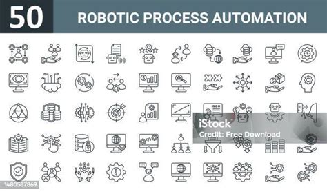 워크 플로 서비스 반복 전사 평판 변위 웹 호스팅 벡터 얇은 아이콘과 같은 50 개의 개요 웹 로봇 프로세스 자동화 아이콘 세트 보고서 프리젠 테이션 다이어그램 아이콘에