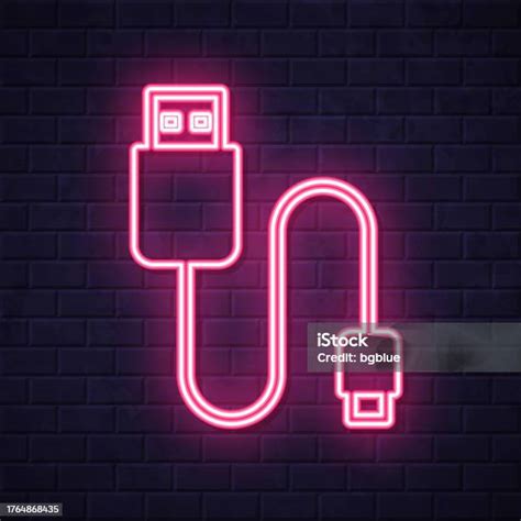Usbケーブルレンガの壁の背景に輝くネオンアイコン Usbケーブルのベクターアート素材や画像を多数ご用意 Usbケーブル Usb