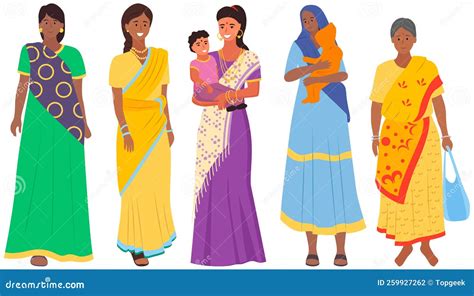 Indian Woman Set Of Standing Old Adult And Young Women Dressed In Traditional National