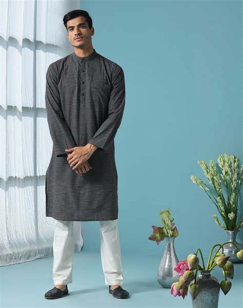 Buy Black Cotton Geometric Slim Fit Long Kurta For Men Online At
