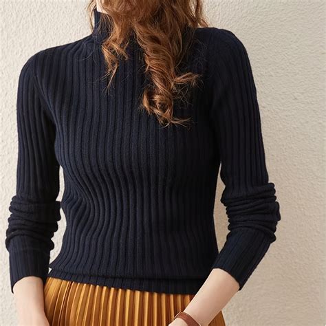 Solid Rib Knit High Neck Sweater Womens Ribbed Long Sleeve Slim Pullover Womens Sweater Temu
