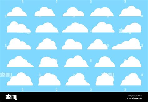 White Cute Flat Clouds Set Isolated On Blue Landscape Background