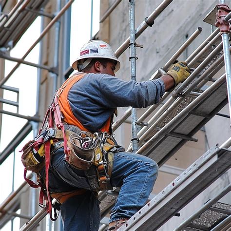 Construction Worker Assembling Scaffolding On Building Exterior