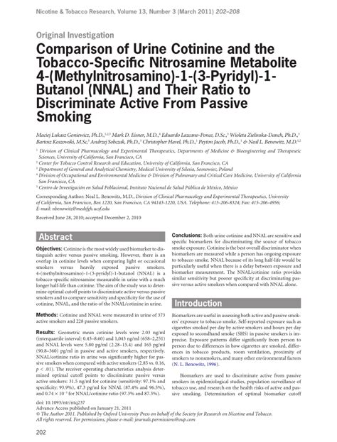 Pdf Comparison Of Urine Cotinine And The Tobacco Specific Nitrosamine