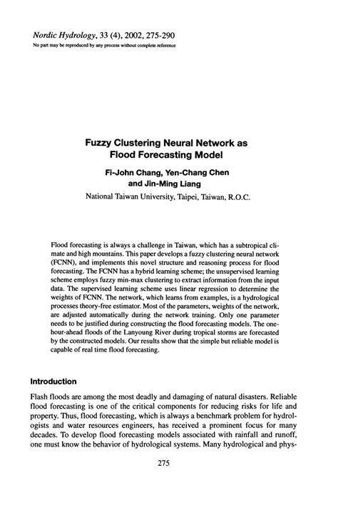 Pdf Fuzzy Clustering Neural Network As Flood Forecasting Model