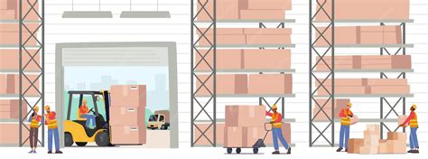 산업용 창고 물류 및 머천다이징 개념 작업자 캐릭터가 지게차로 상자를 적재하고 적재 프리미엄 벡터