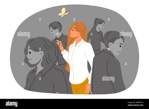 Thinking Outside Box Approach Allows Business Woman To Stand Out From Crowd And See Butterfly