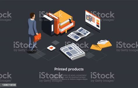 어두운 배경에 벡터 그림 인쇄 된 제품 개념에 등소 조성 만화 3d 스타일 서류 가방 책 및 문서 폴더 신문 및 편지가있는 사업가 신문에 대한 스톡 벡터 아트 및 기타