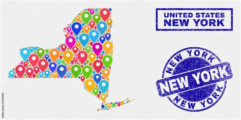 Vector Colorful Mosaic New York State Map And Grunge Stamp Seals Flat