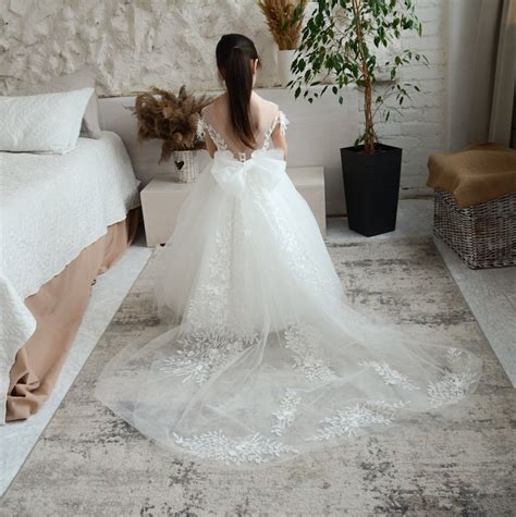 Flower Girl Dress Boho Girl Birthday Dress White Dress With Train
