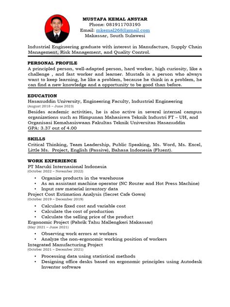 Cv Mustafa Kemal Ansyar Pdf Industrial Engineering Business