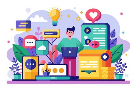 A Person Engages With Various Social Media Icons And Elements While Using A Laptop In A Vibrant