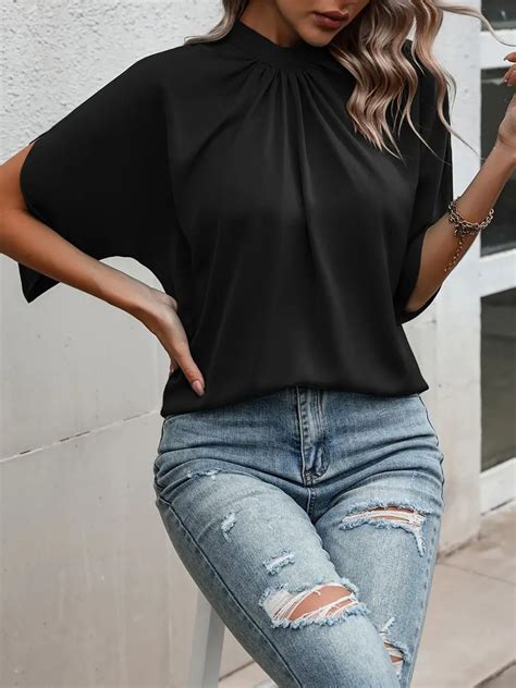 Batwing Sleeve Mock Neck Blouse Elegant Short Sleeve Blouse Temu